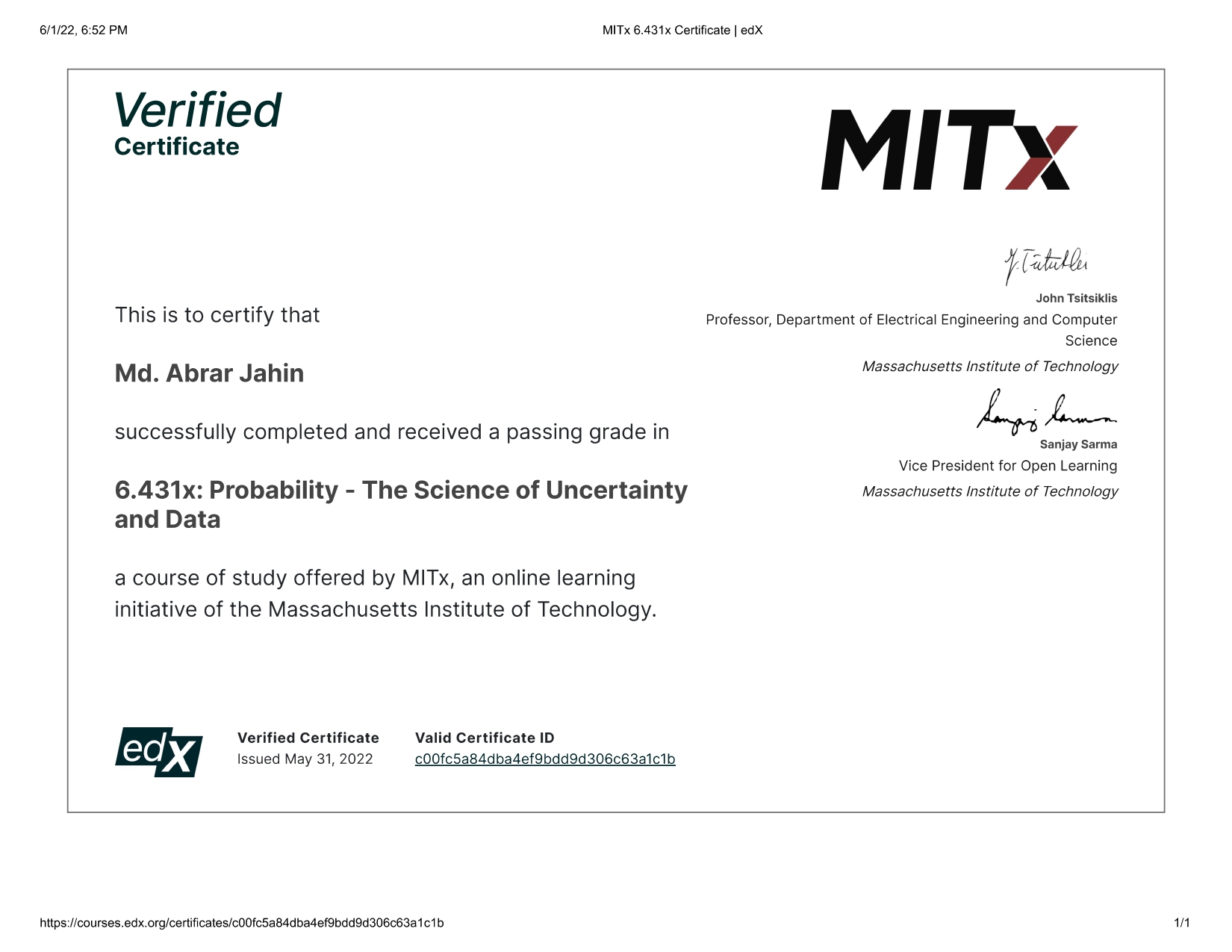 Certifications | Md Abrar Jahin